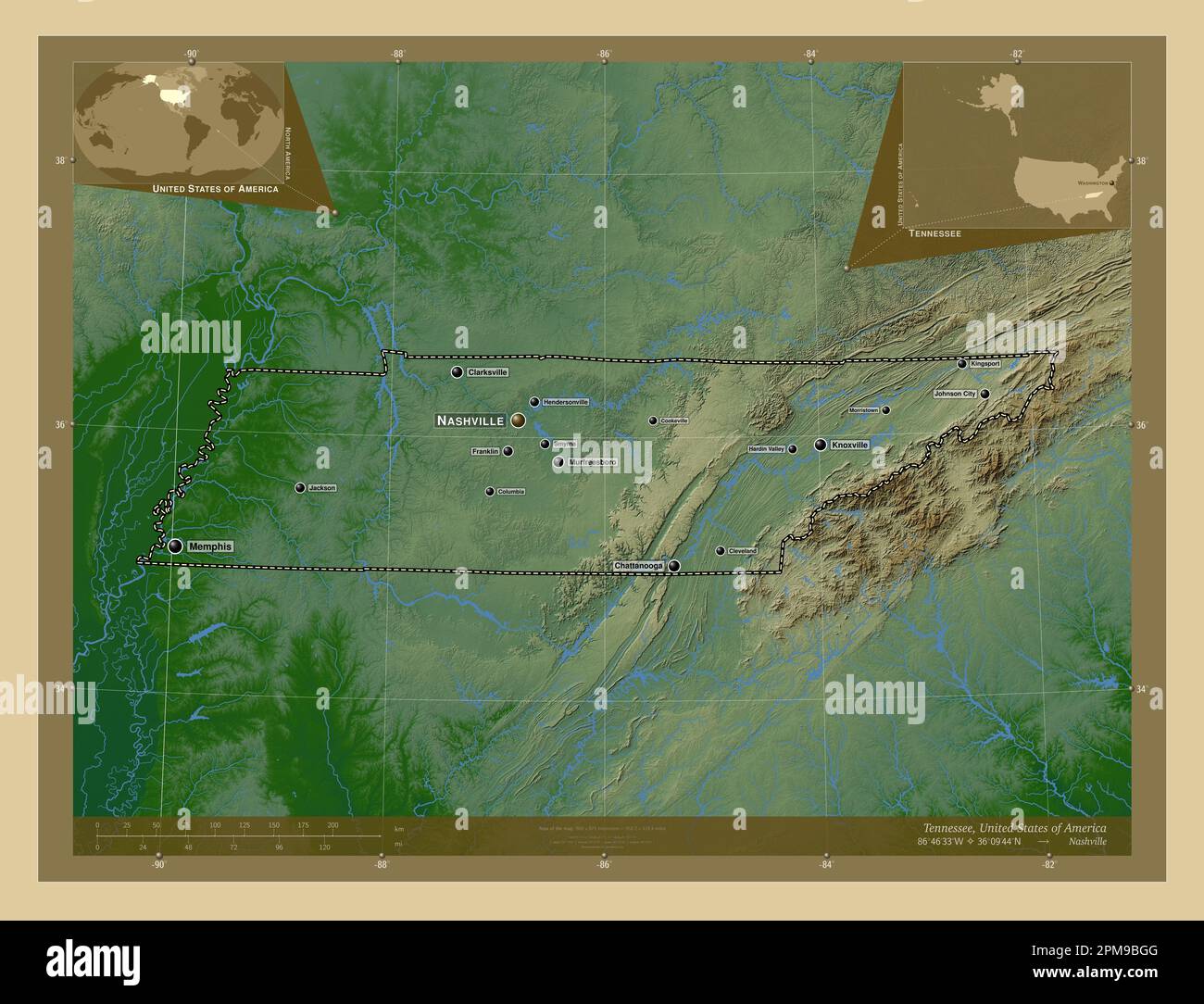Tennessee, state of United States of America. Colored elevation map ...
