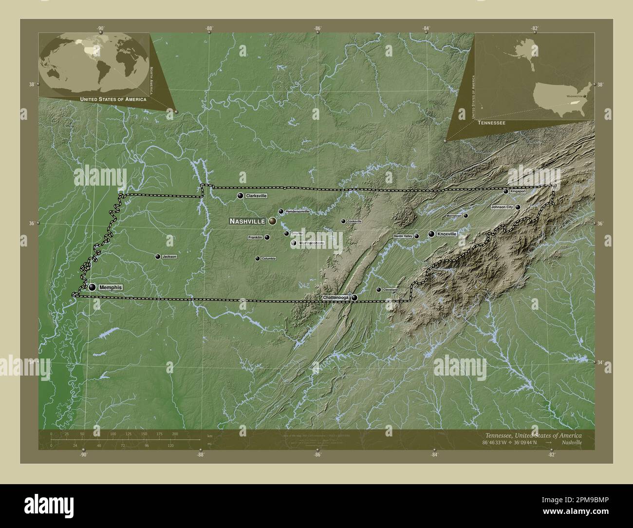 Tennessee, state of United States of America. Elevation map colored in ...