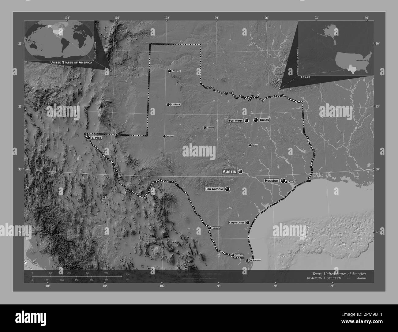 Texas, state of United States of America. Bilevel elevation map with ...