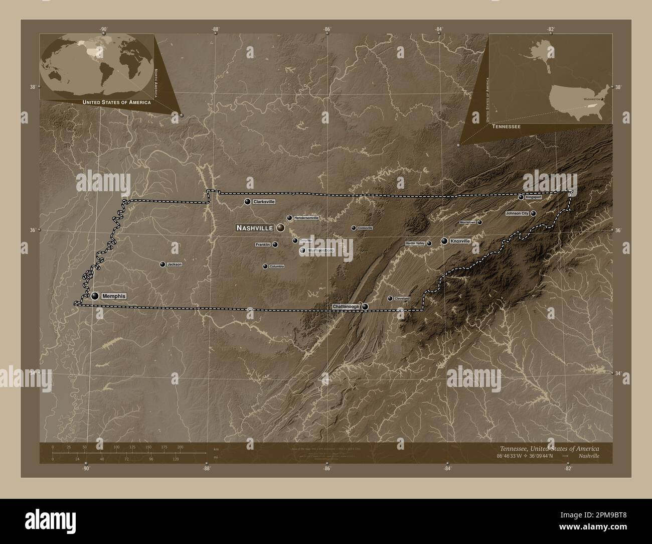 Tennessee, state of United States of America. Elevation map colored in ...