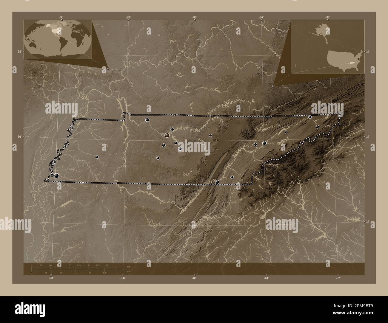 Tennessee, state of United States of America. Elevation map colored in ...