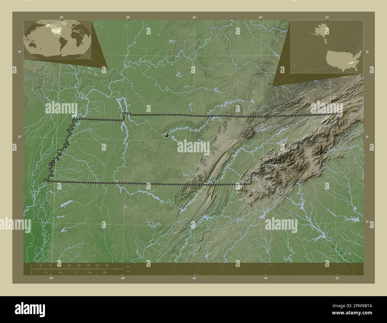 Tennessee, state of United States of America. Elevation map colored in ...