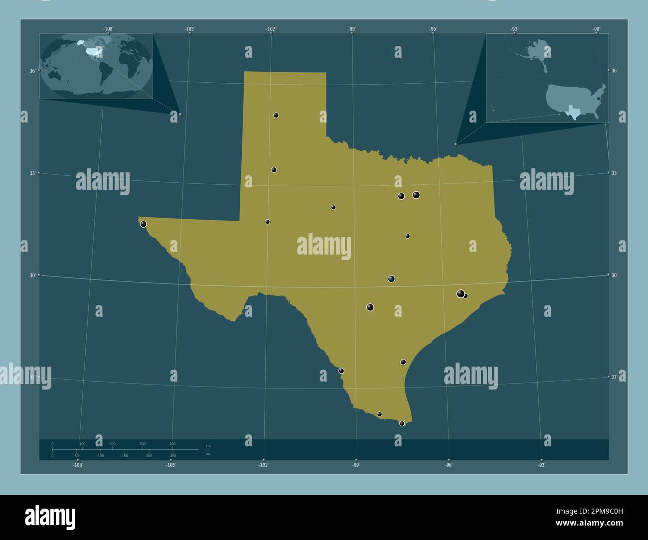 Texas, state of United States of America. Solid color shape. Locations ...