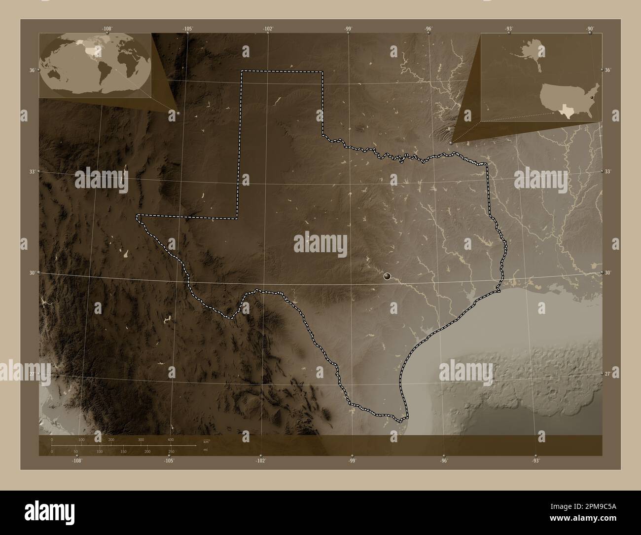 Texas, state of United States of America. Elevation map colored in ...