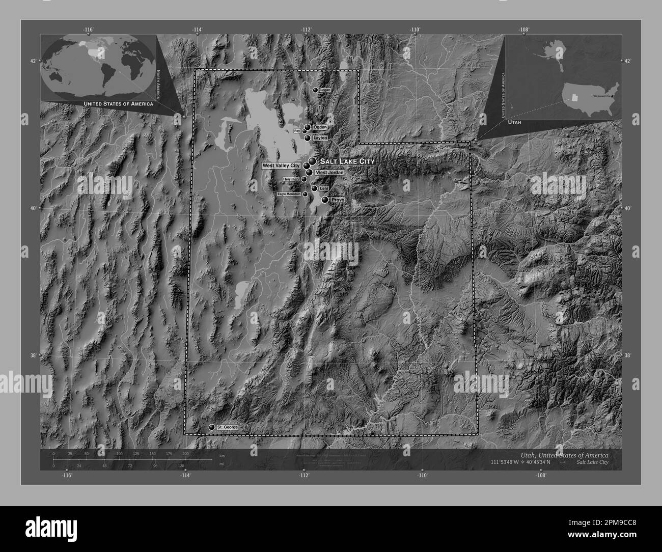 Utah, state of United States of America. Bilevel elevation map with ...
