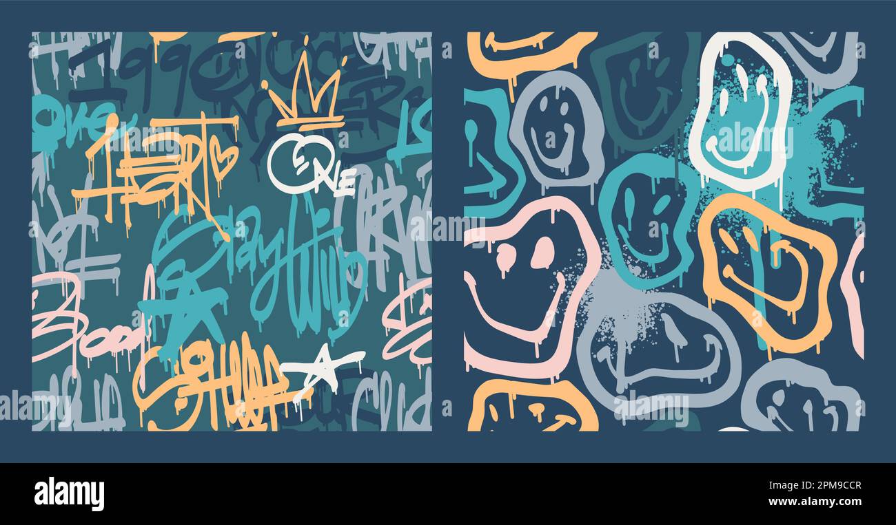 Groovy smile seamless patterns pack in Urban street art graffiti style ...