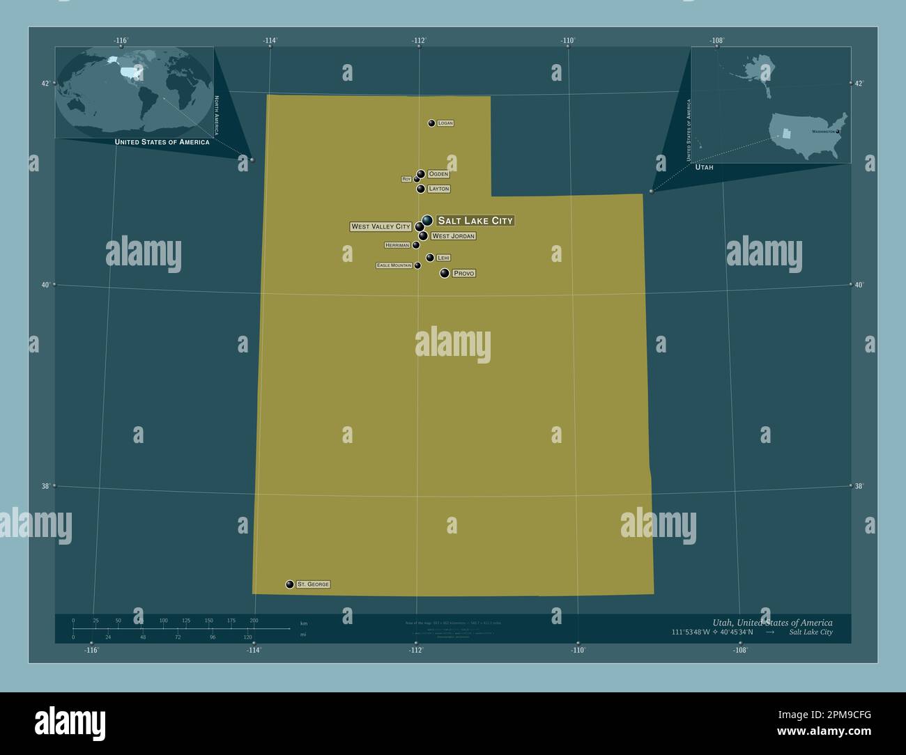 Utah, state of United States of America. Solid color shape. Locations ...