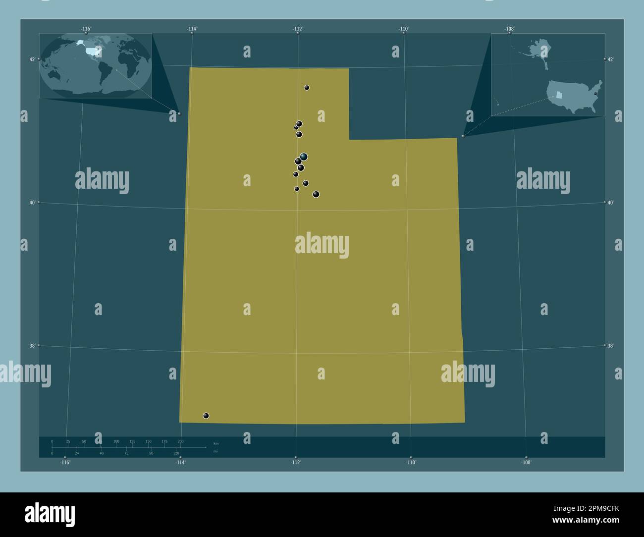 Utah, state of United States of America. Solid color shape. Locations ...
