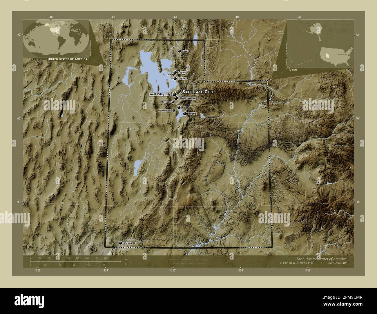 Utah, state of United States of America. Elevation map colored in wiki ...