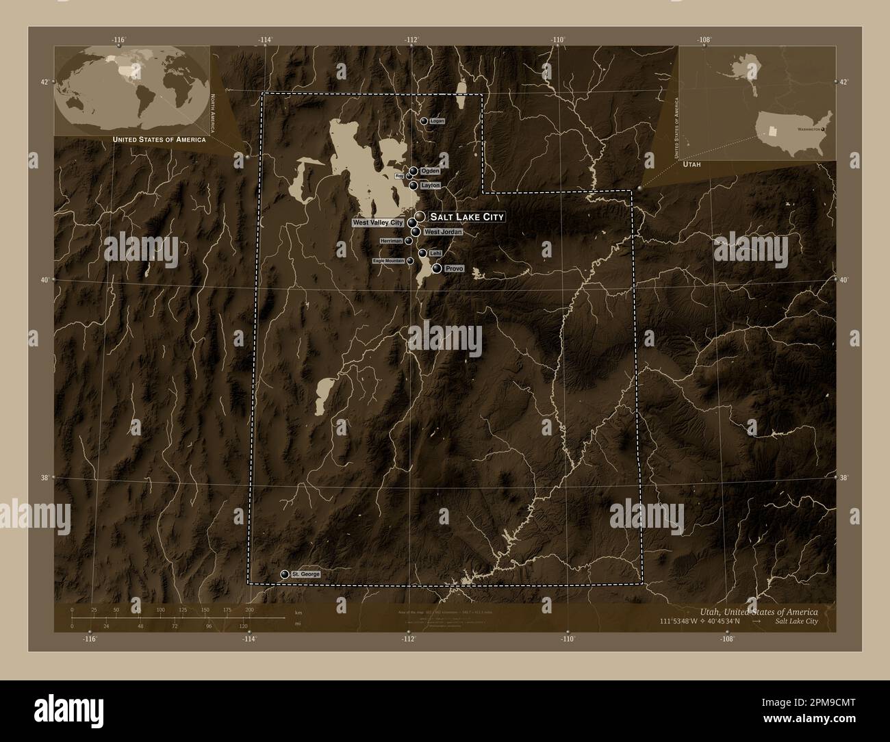 Utah, state of United States of America. Elevation map colored in sepia ...