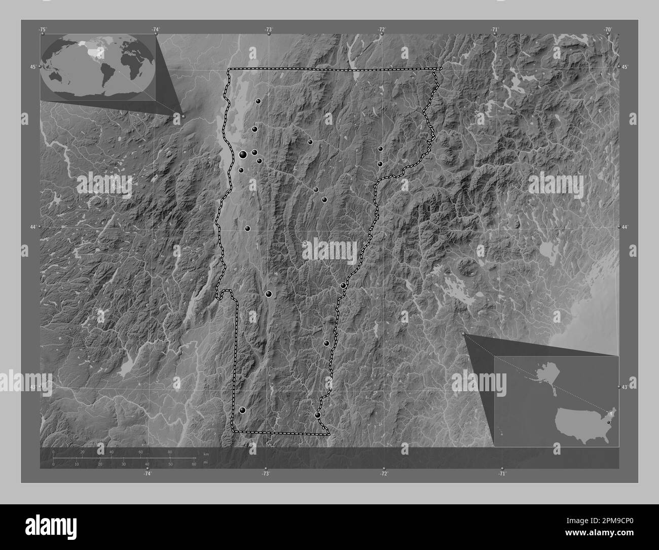 Vermont, state of United States of America. Grayscale elevation map ...