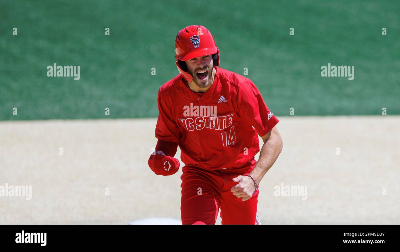 North Carolina State's Jacob Cozart (14) reacts to a home run during an ...