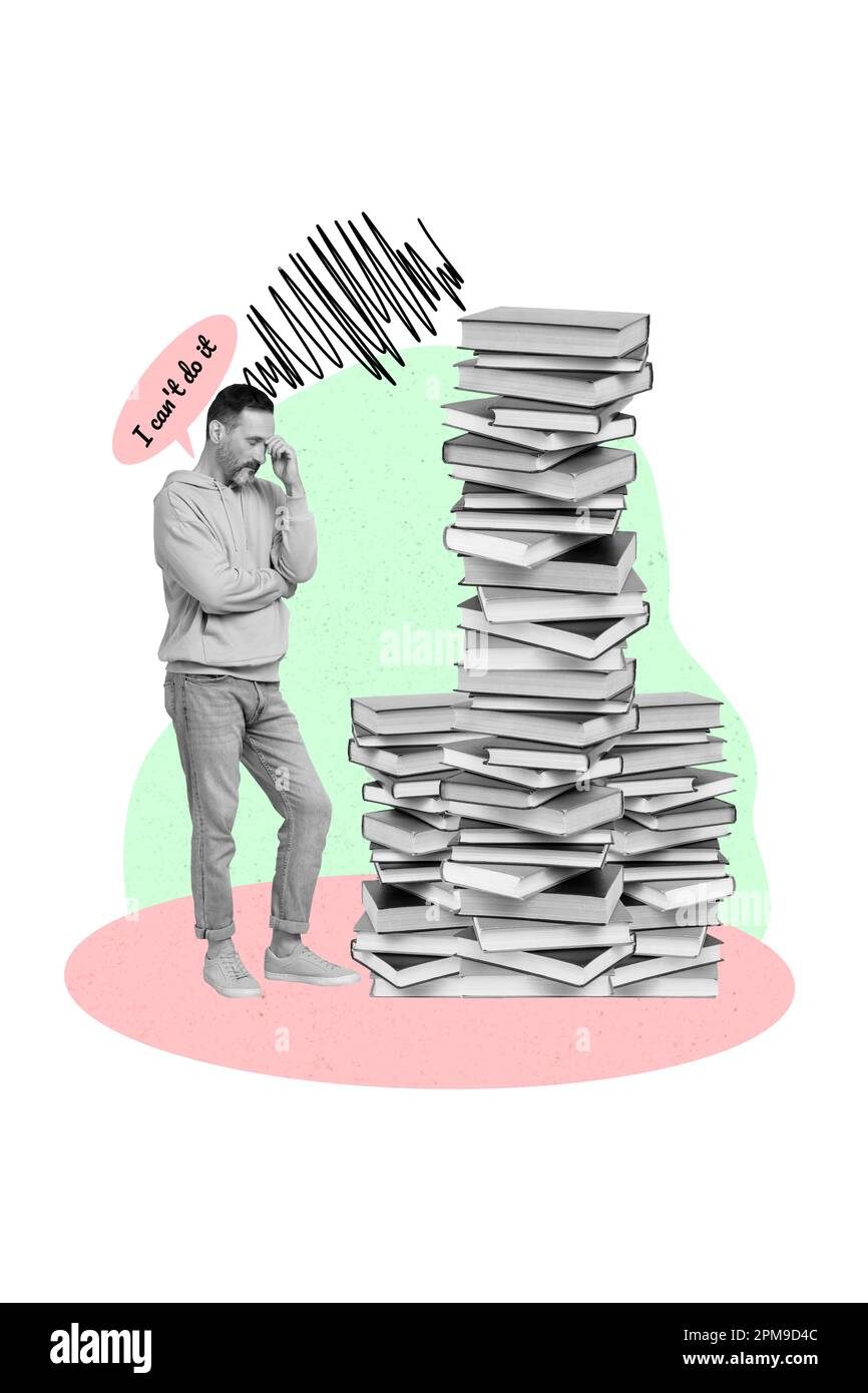 Vertical abstract creative photo collage of tired exhausted man look at ...