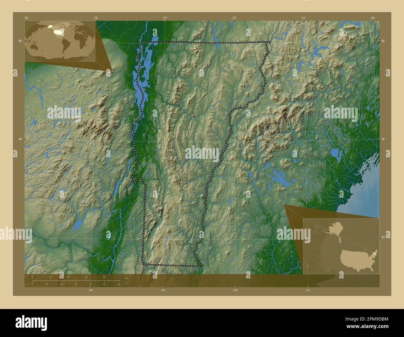 Vermont, state of United States of America. Colored elevation map with ...