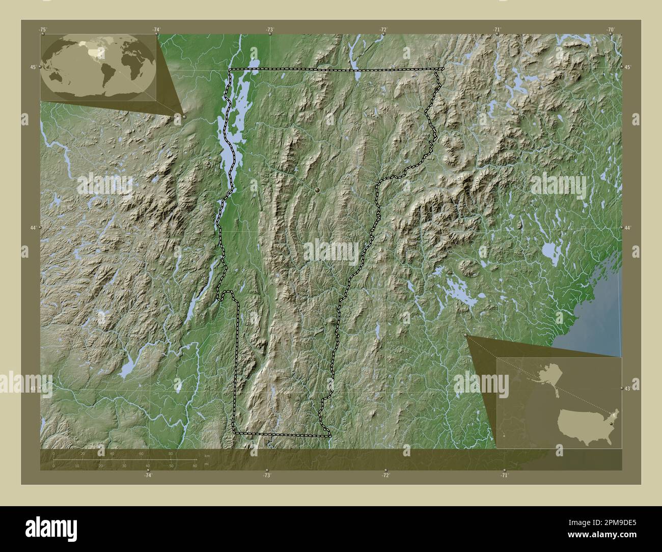 Vermont, state of United States of America. Elevation map colored in ...