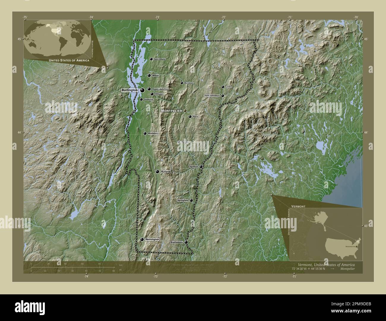 Vermont, state of United States of America. Elevation map colored in ...
