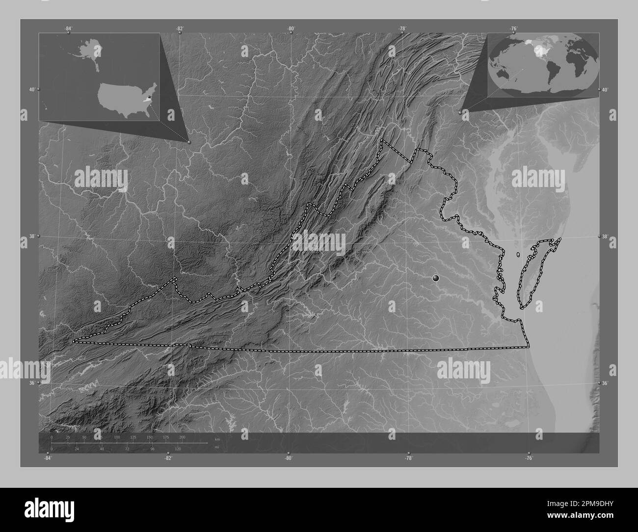 Virginia, state of United States of America. Grayscale elevation map ...