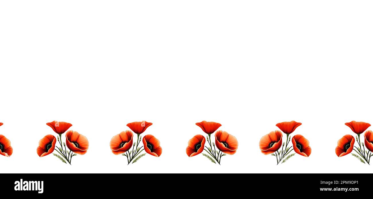 Stylized Red Poppies Digital Painting, Watercolor Style, Seamless ...