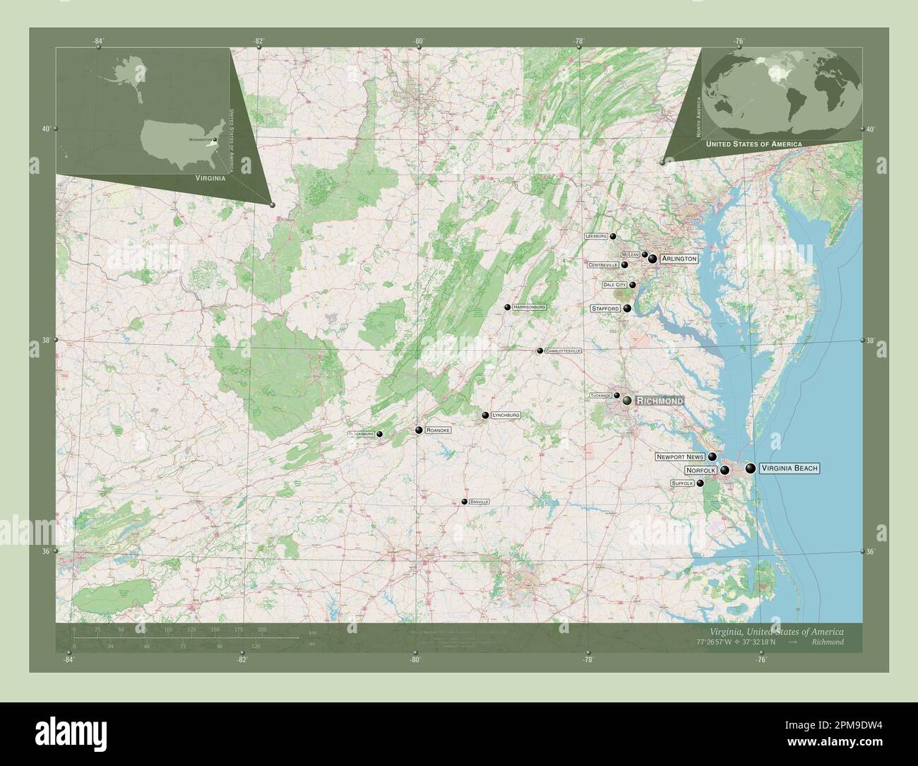 Virginia, state of United States of America. Open Street Map. Locations ...