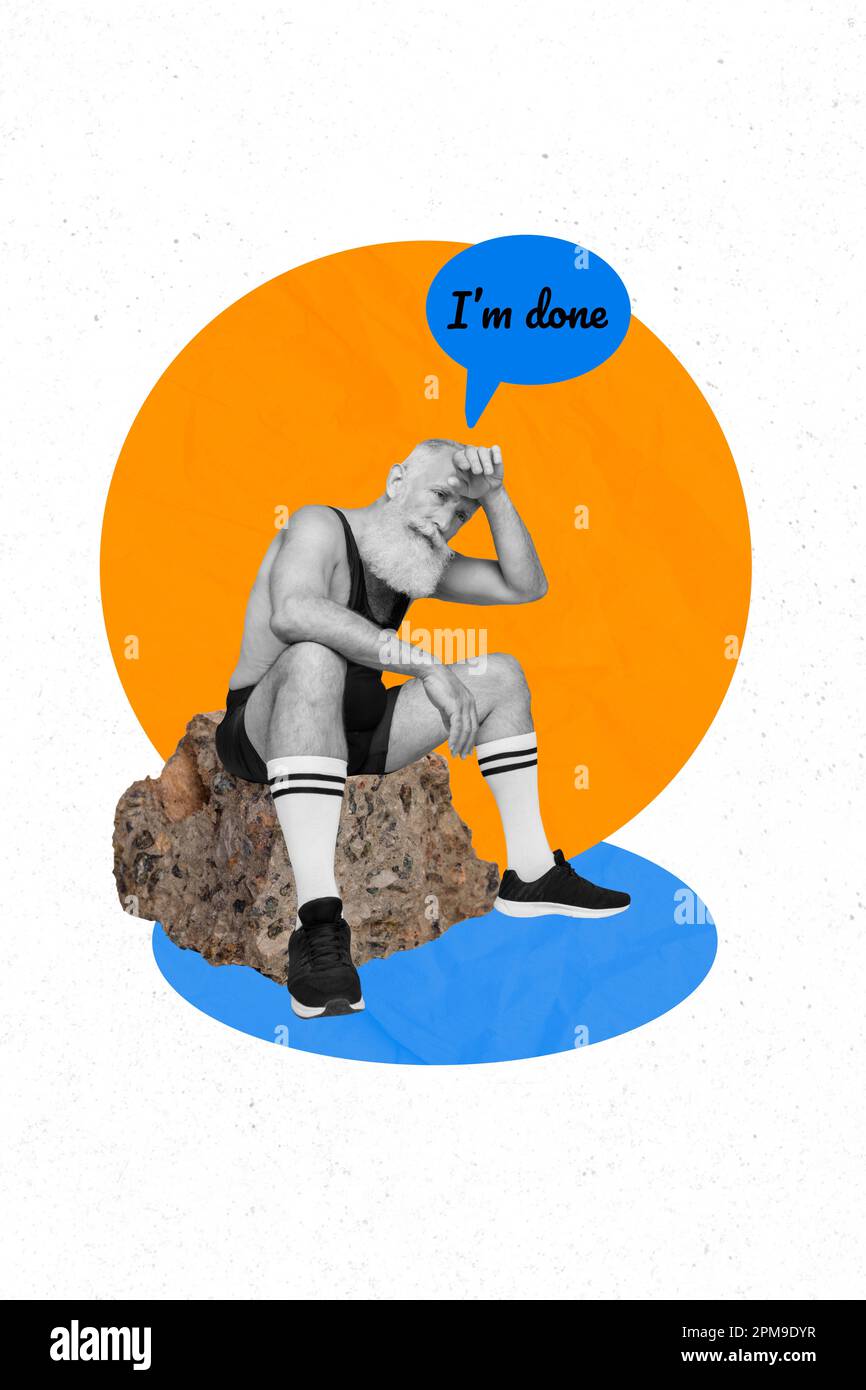 Photo collage poster magazine sketch of tired old man done work finish ...