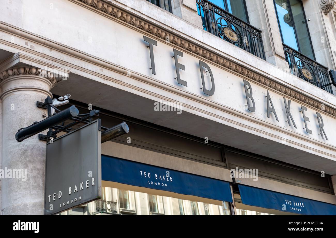 London. UK- 04.09.2023. The Ted Baker name sign on the facade of its ...