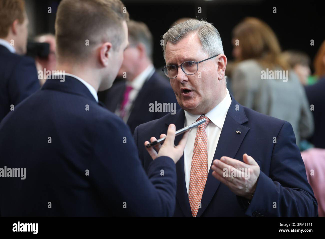 Sir Jeffery Donaldson MP (right), leader of the DUP, following a speech ...