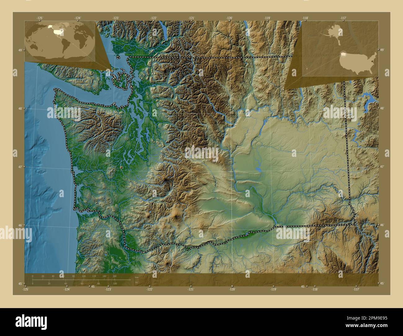 Washington, state of United States of America. Colored elevation map ...