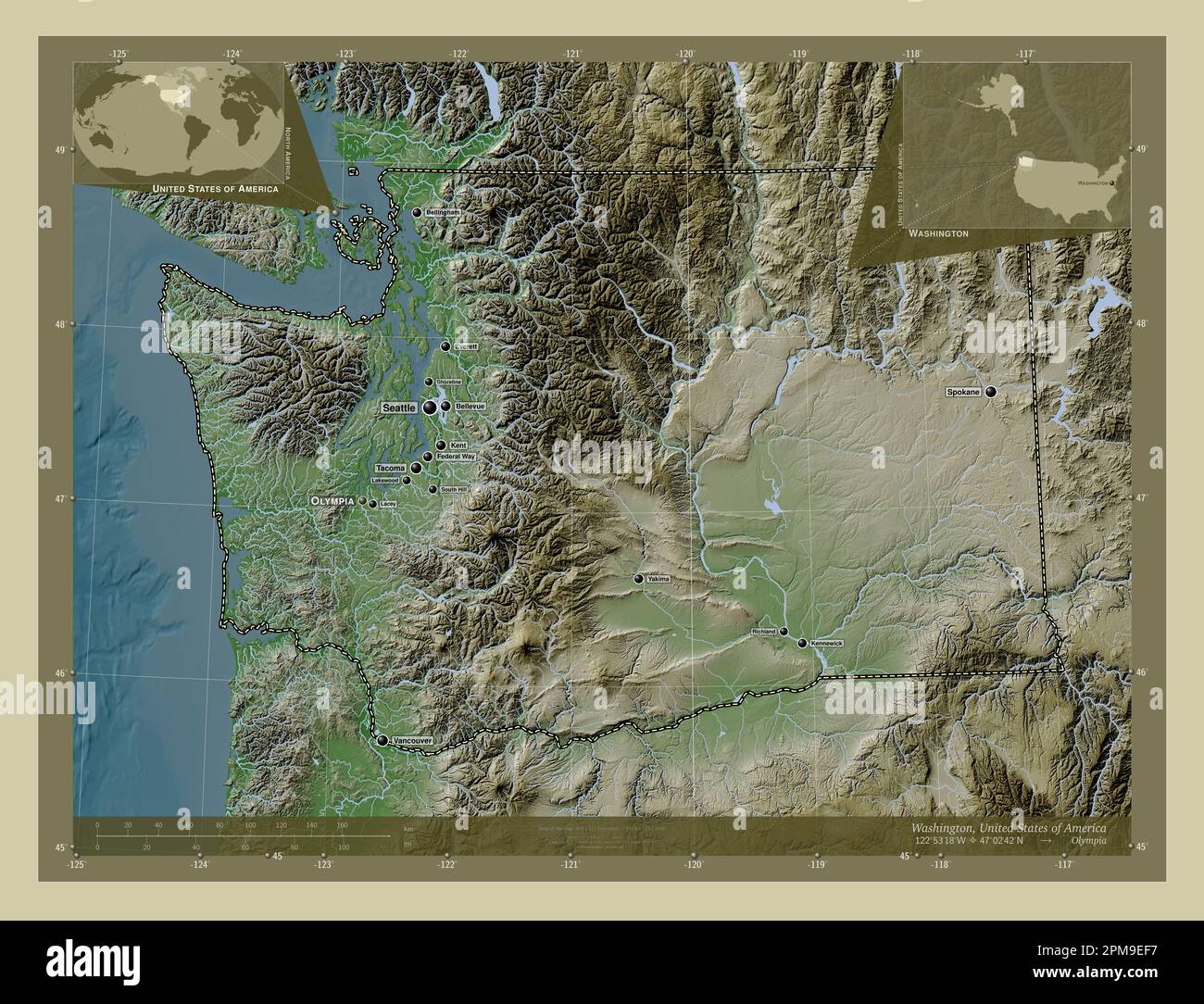 Washington, state of United States of America. Elevation map colored in ...