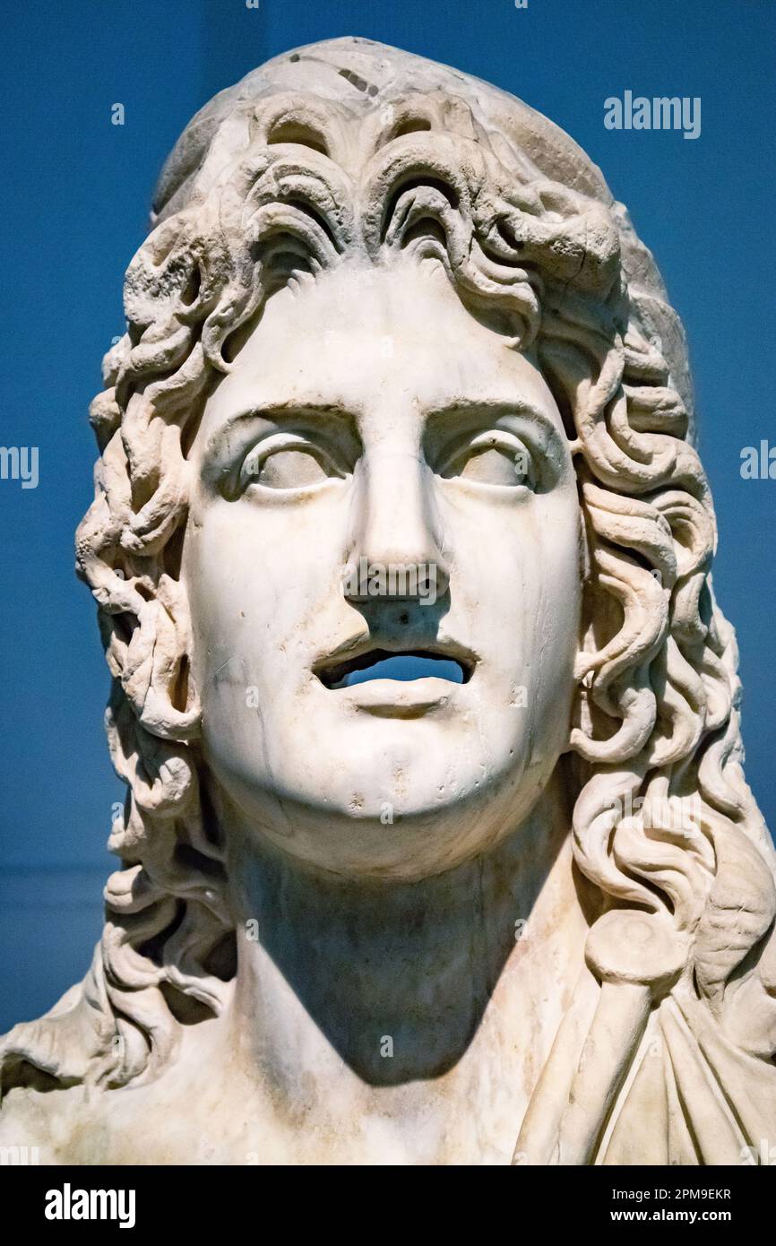 Head and shoulders detail of the ancient man with beard sculpture ...