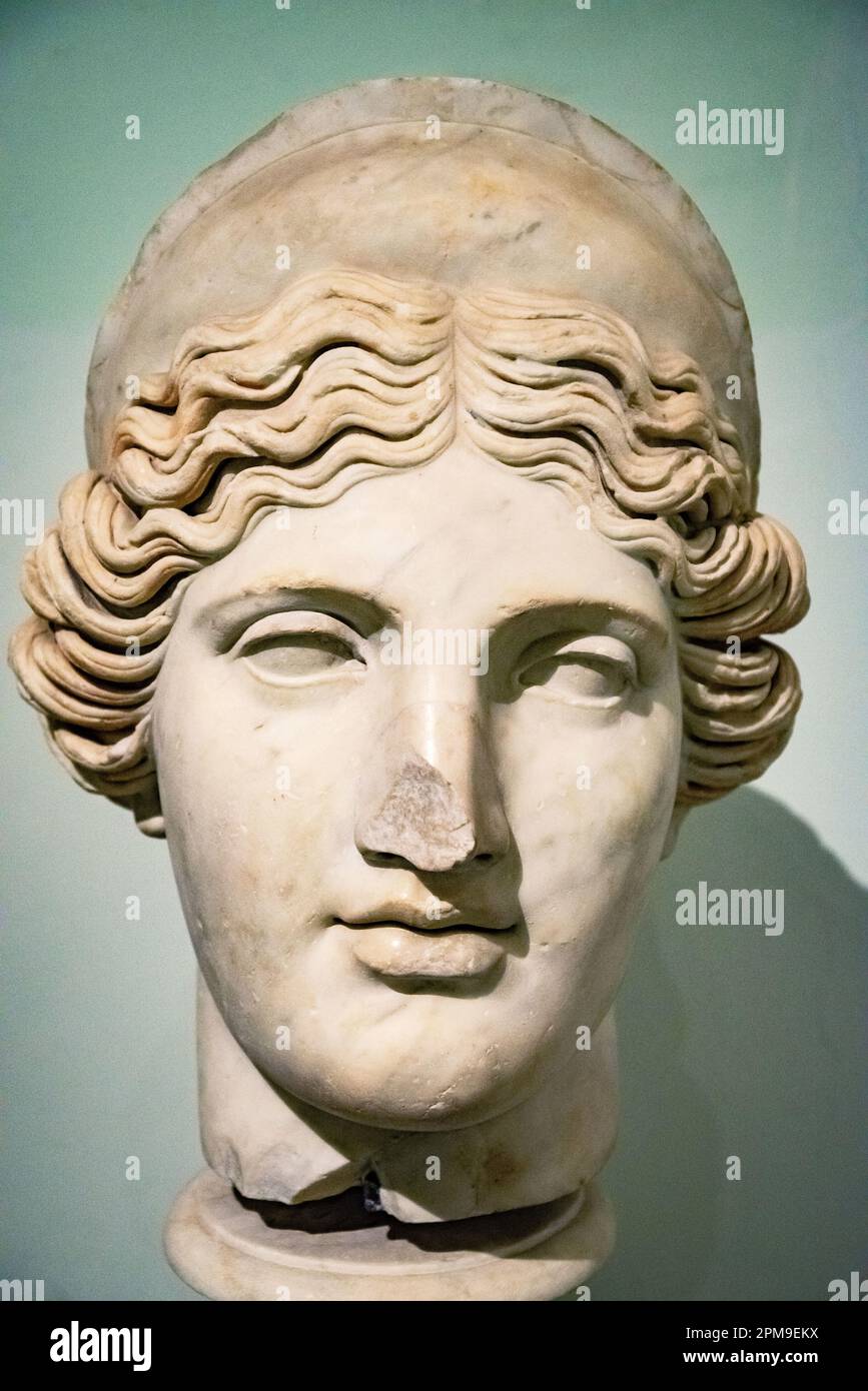 Head and shoulders detail of the ancient woman with beard sculpture ...