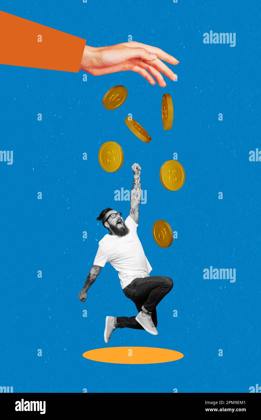 Man jump fist up financial budget organizer system advert collage new ...
