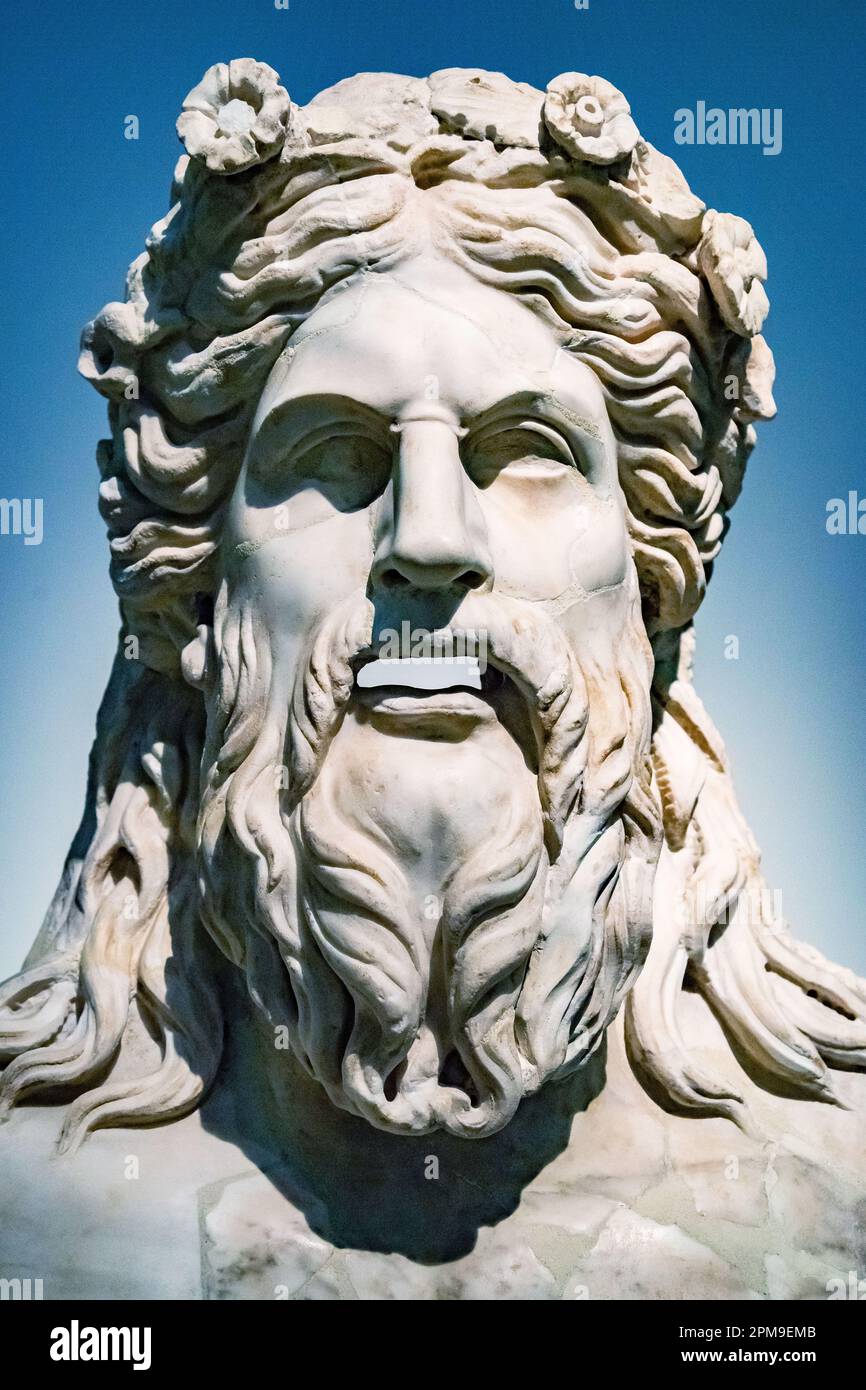 Head and shoulders detail of the ancient man with beard sculpture ...