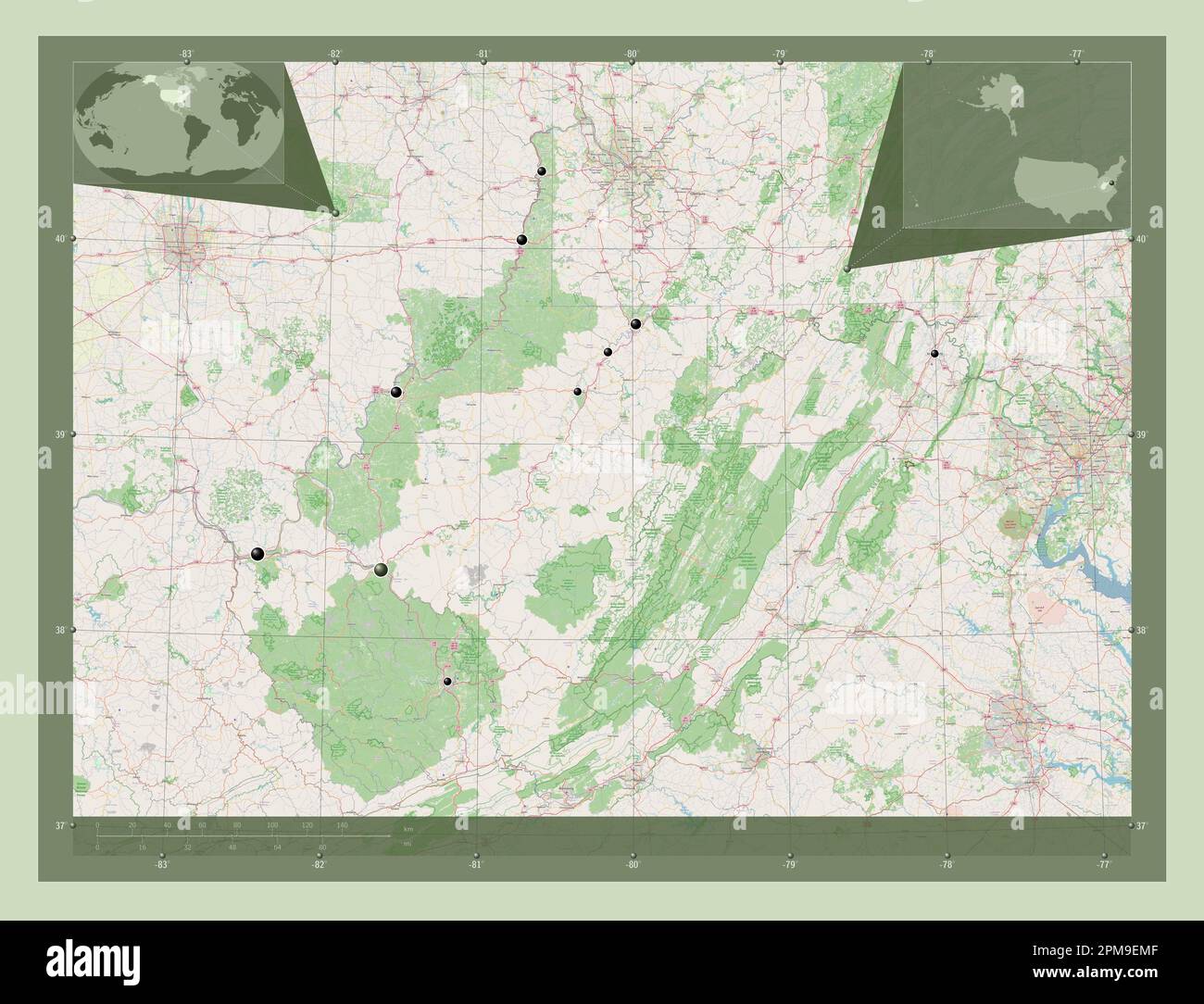 West Virginia, state of United States of America. Open Street Map ...