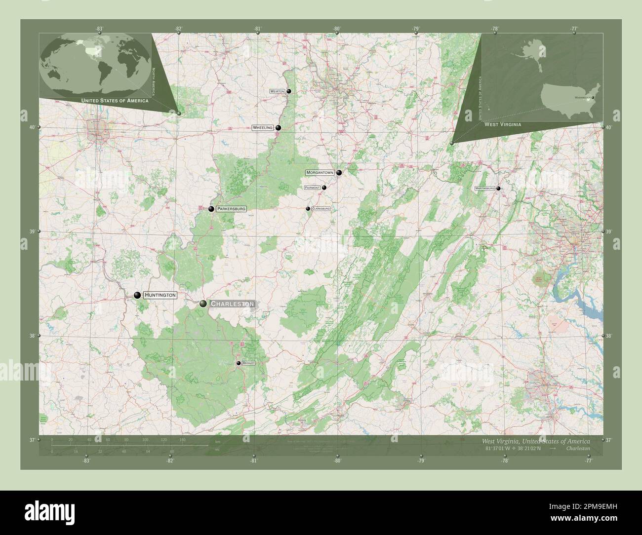 West Virginia, state of United States of America. Open Street Map ...
