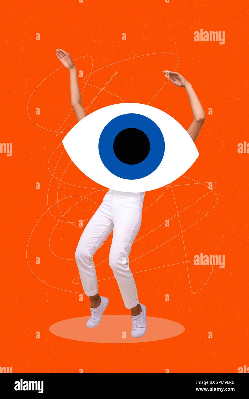 Vertical collage image of mini person dancing huge watching eye instead ...