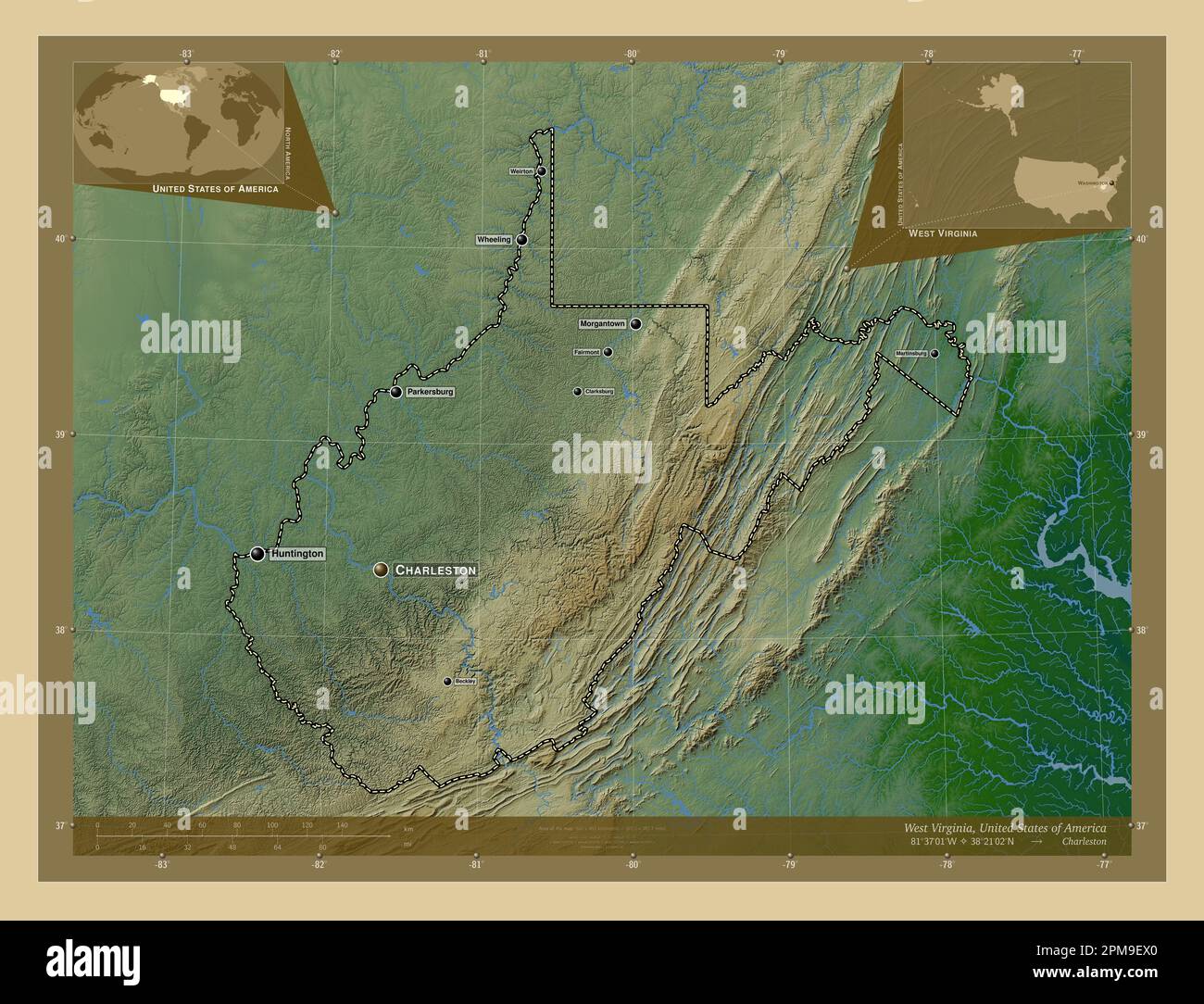 West Virginia, state of United States of America. Colored elevation map ...