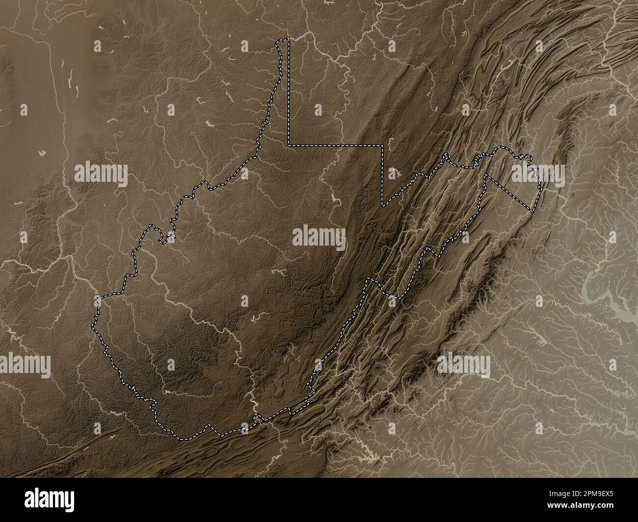 West Virginia, state of United States of America. Elevation map colored ...