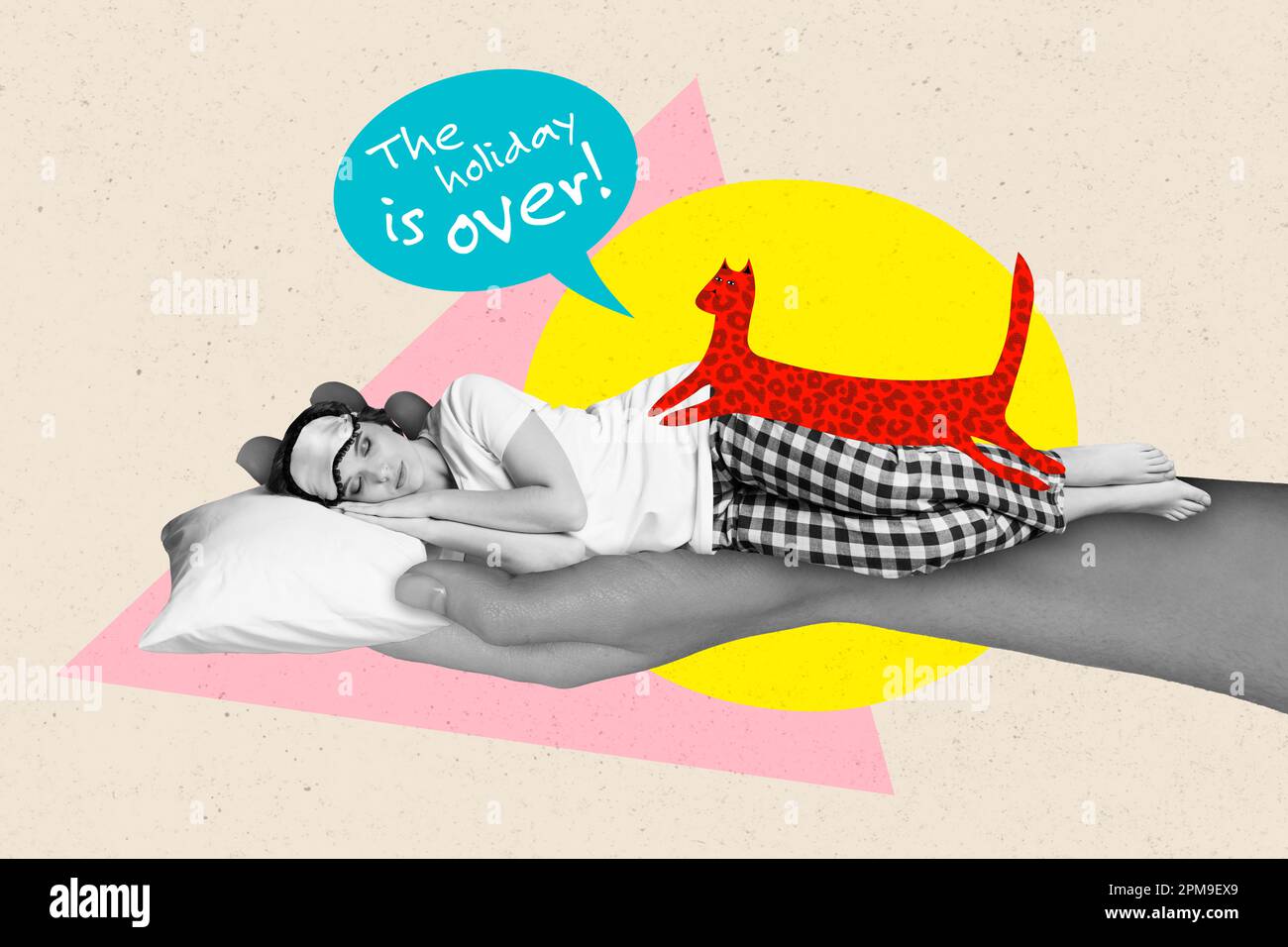 Composite collage image of black white colors arms palm hold sleeping ...