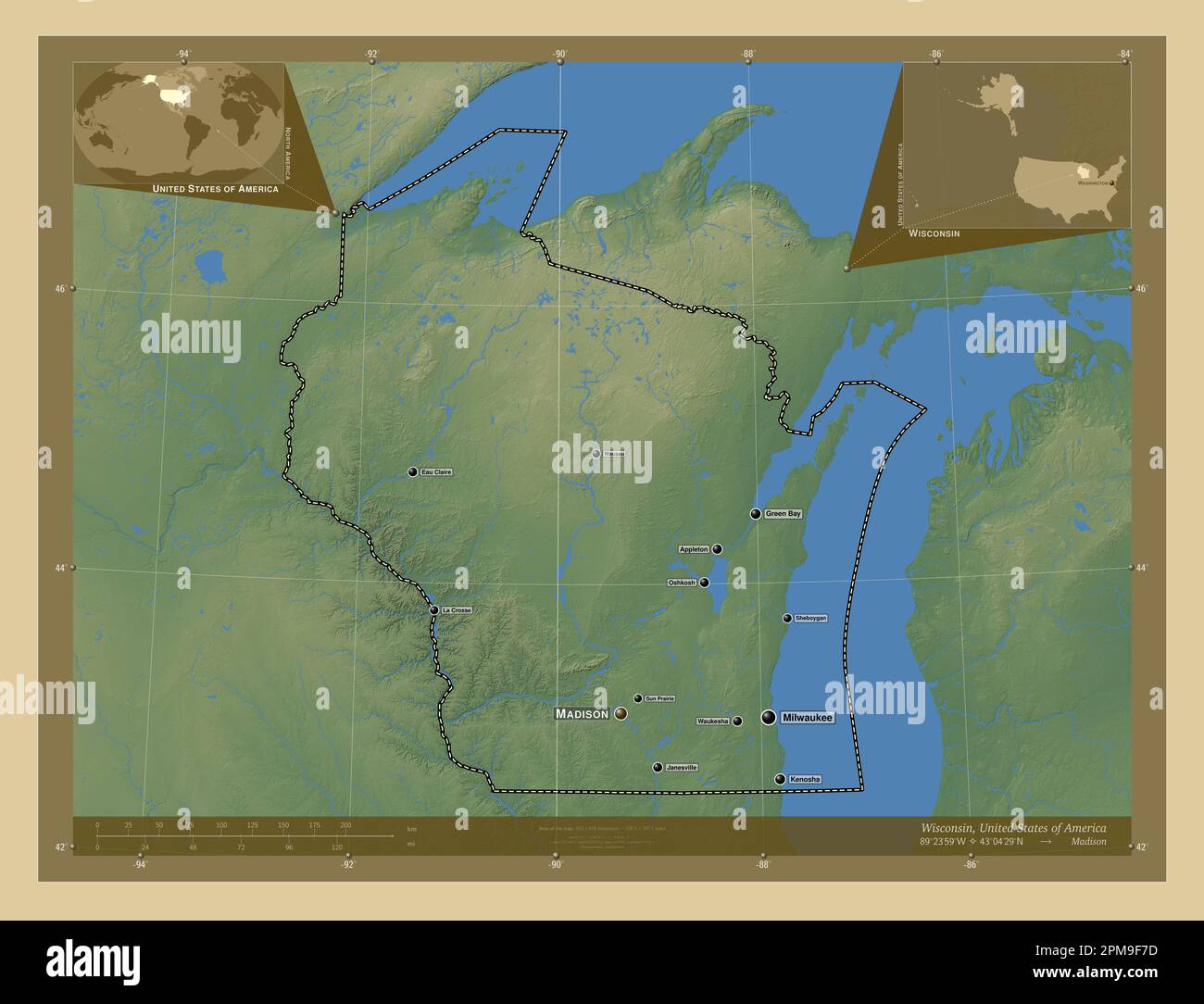 Wisconsin, state of United States of America. Colored elevation map ...
