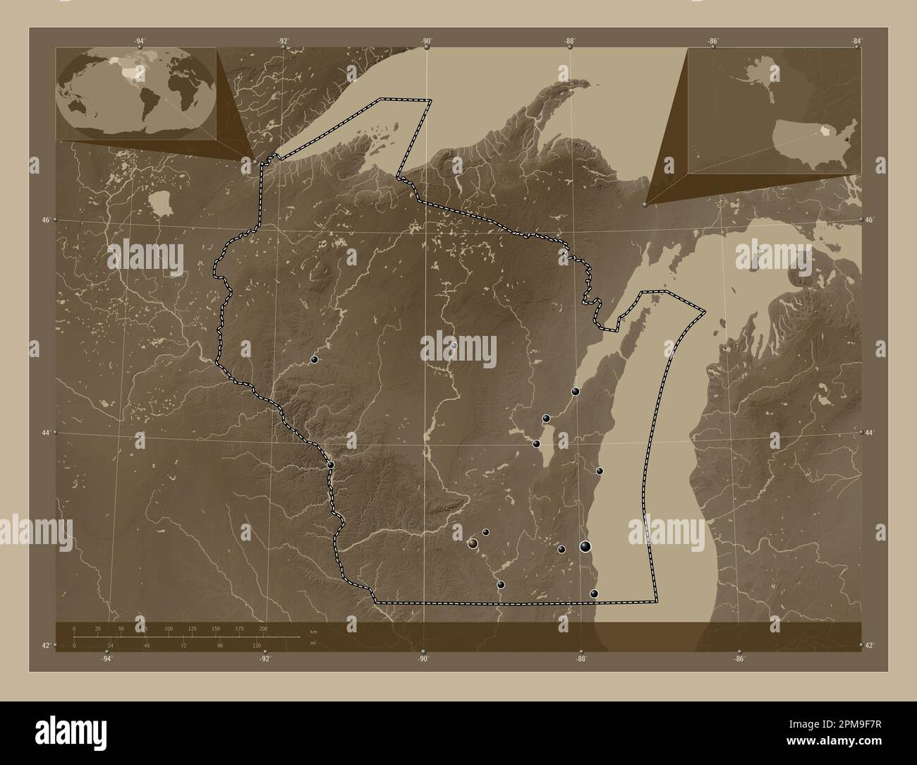 Wisconsin, state of United States of America. Elevation map colored in ...