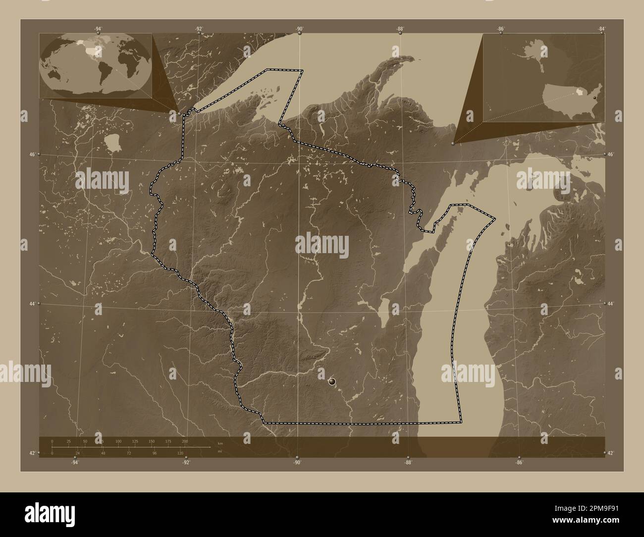 Wisconsin, state of United States of America. Elevation map colored in ...