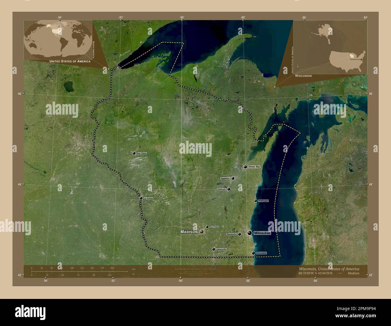 Wisconsin, state of United States of America. Low resolution satellite ...