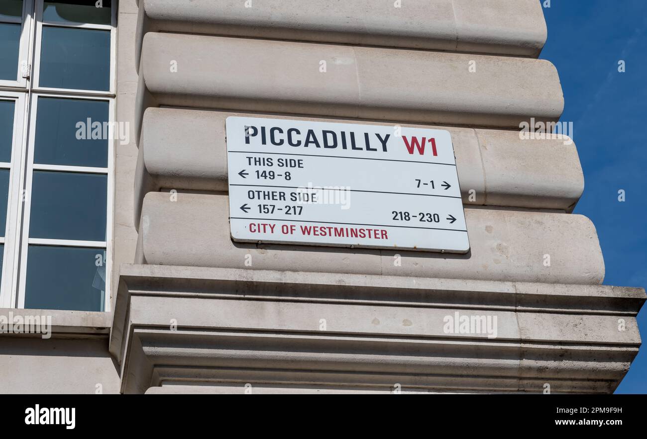 The street sign for Piccadilly in the West End of London, United ...