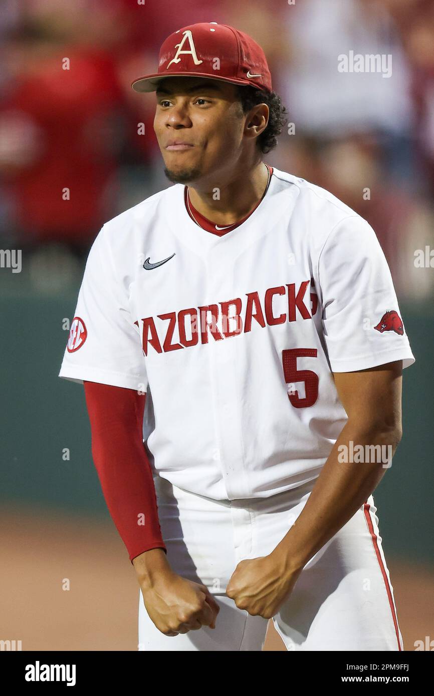 April 11, 2023: Kendall Diggs #5 of Arkansas comes out of the dugout to ...