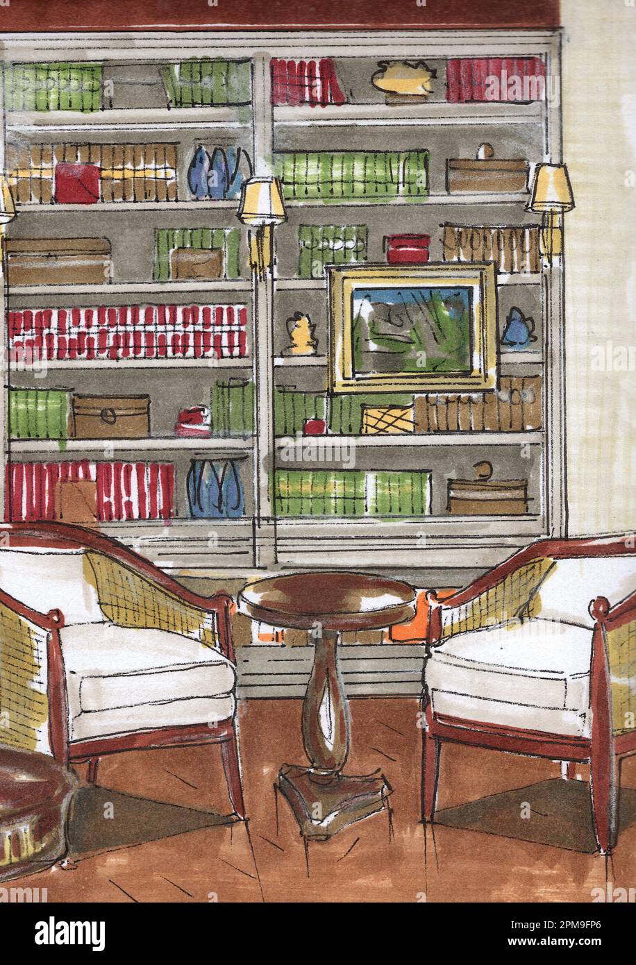 Colour sketch of a traditional style lounge Stock Photo - Alamy