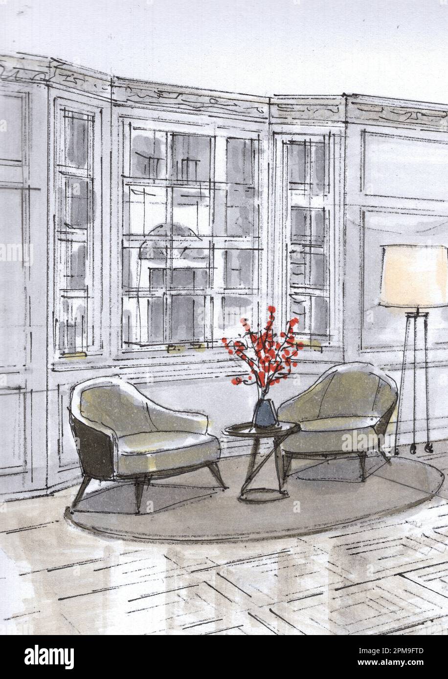 Colour sketch of a modern style lounge Stock Photo - Alamy