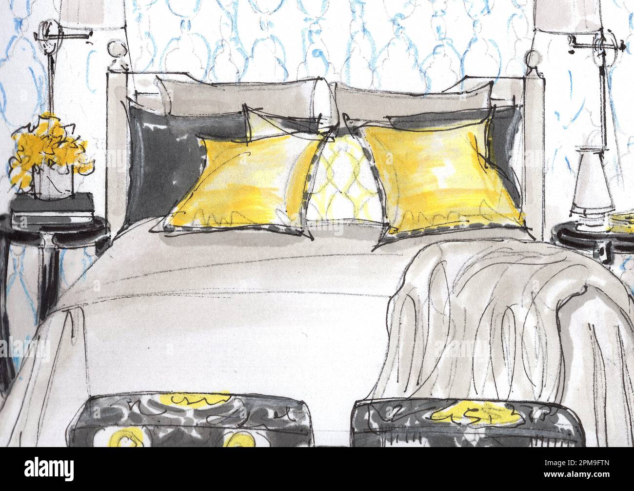 Colour sketch of a modern style bedroom Stock Photo - Alamy