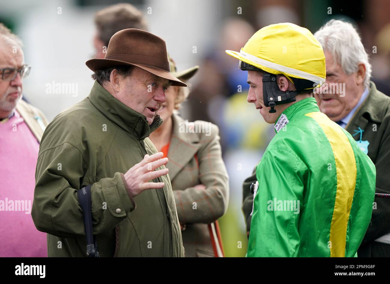 Trainer Nicky Henderson speaks to jockey Rossa Ryan before the Barry ...