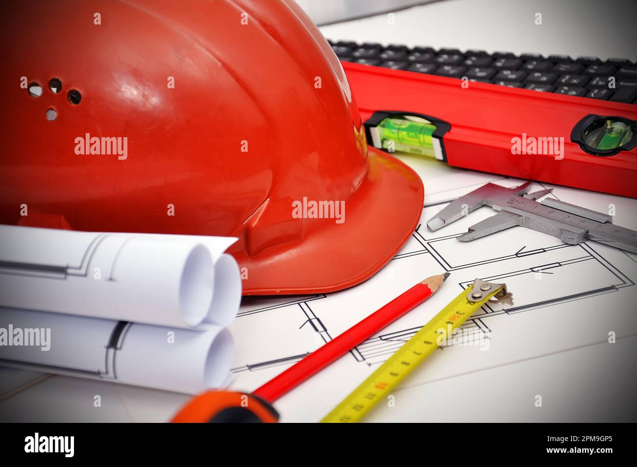 workspace engineer, blueprint apartment and tools on desktop Stock ...
