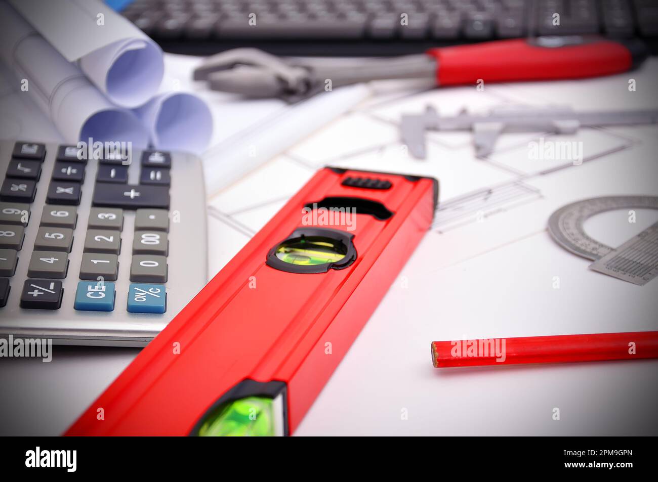 workspace engineer, line level and tools on desktop Stock Photo - Alamy